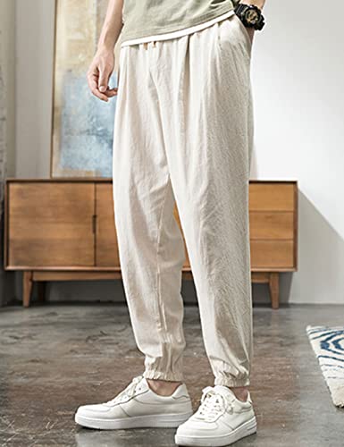 Zontroldy Men's Pants Cotton Linen Yoga Golf Beach Jogger Sweat Lounge Harem Pants Trousers(0009-Khaki1-L)