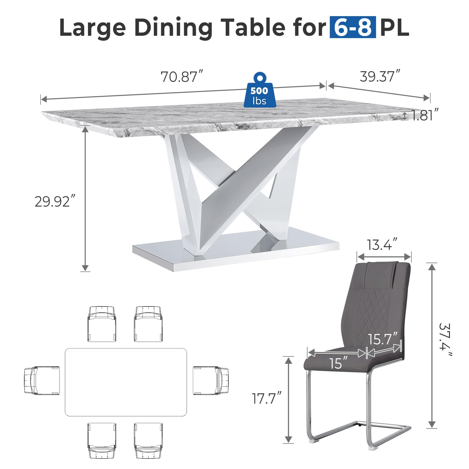 Tatub Modern Dining Table Set for 6, Faux Marble Dining Table with 6 PU Leather Chairs, 70.87" Rectangular Dining Room Table with Grey Marble Tabletop and X Shape Base for Dining Room, Kitchen