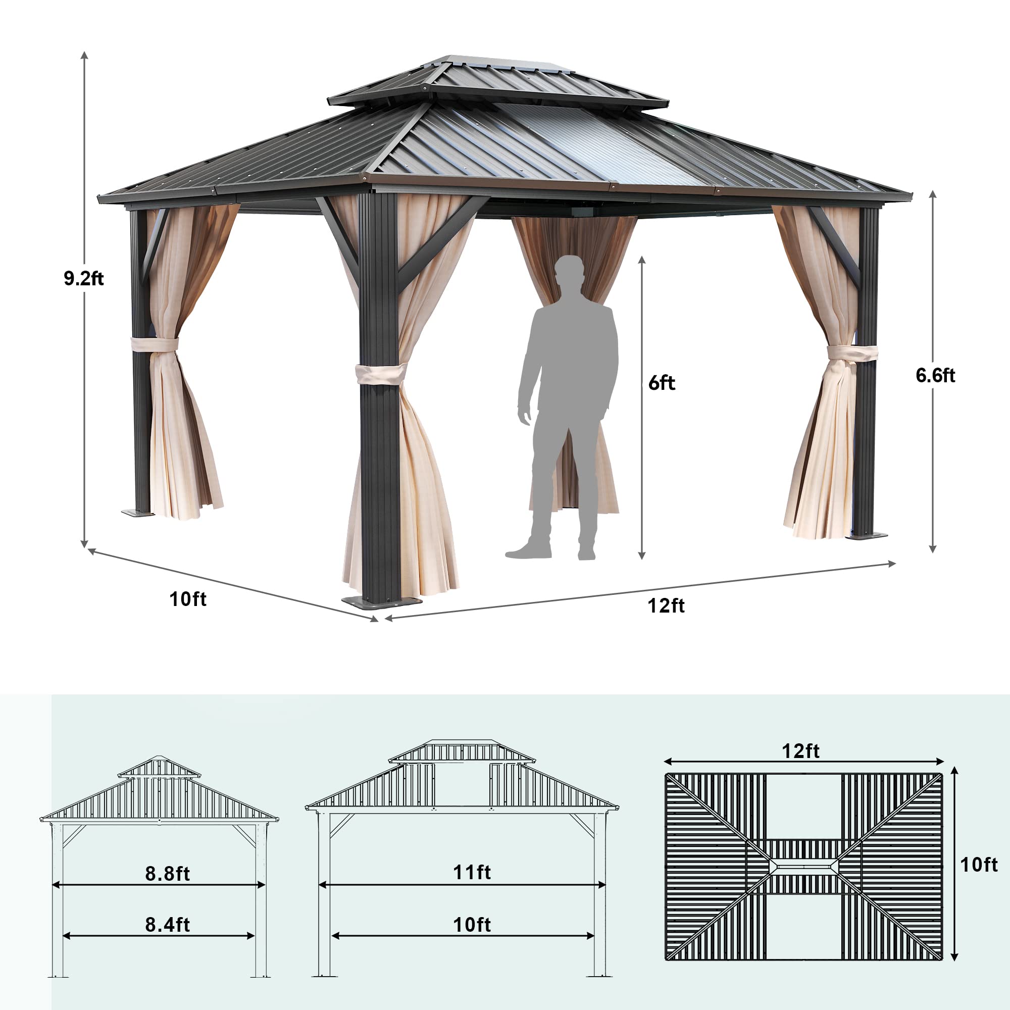 YITAHOME 10x12FT Gazebo Double Roof Skylight Canopy Galvanized Iron Hardtop with Netting and Curtains Outdoor Aluminum Frame Garden Tent for Patio, Backyard, Deck and Lawns