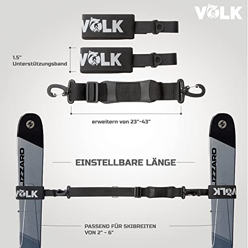 Volk Ski Strap and Pole Carrier - 2 Sets per Pack - Skiing Accessory for Easy Transportation of Your Ski Gear - Feel Comfortable Walking to and From the Mountain - Adjustable Size