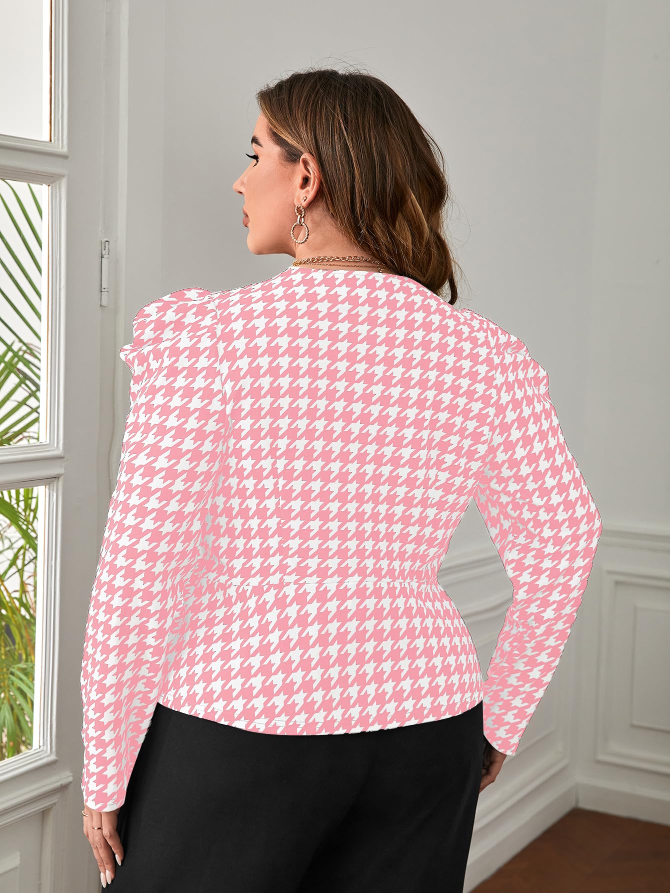 WDIRARA Women's Plus Size Houndstooth Print Long Puff Sleeve Open Front Jacket Blazer Black Houndstooth 3XL