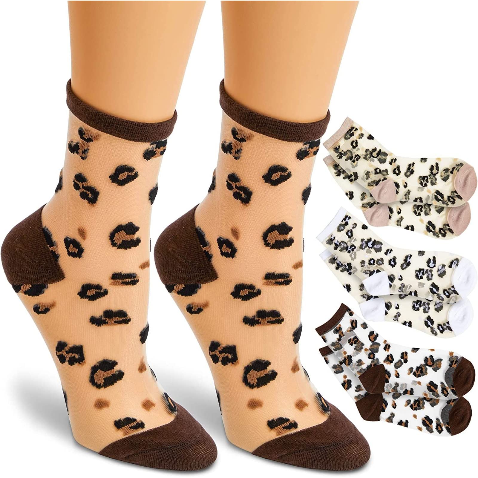 Zodaca Sheer Leopard Print Ankle Socks for Women (3 Pairs)