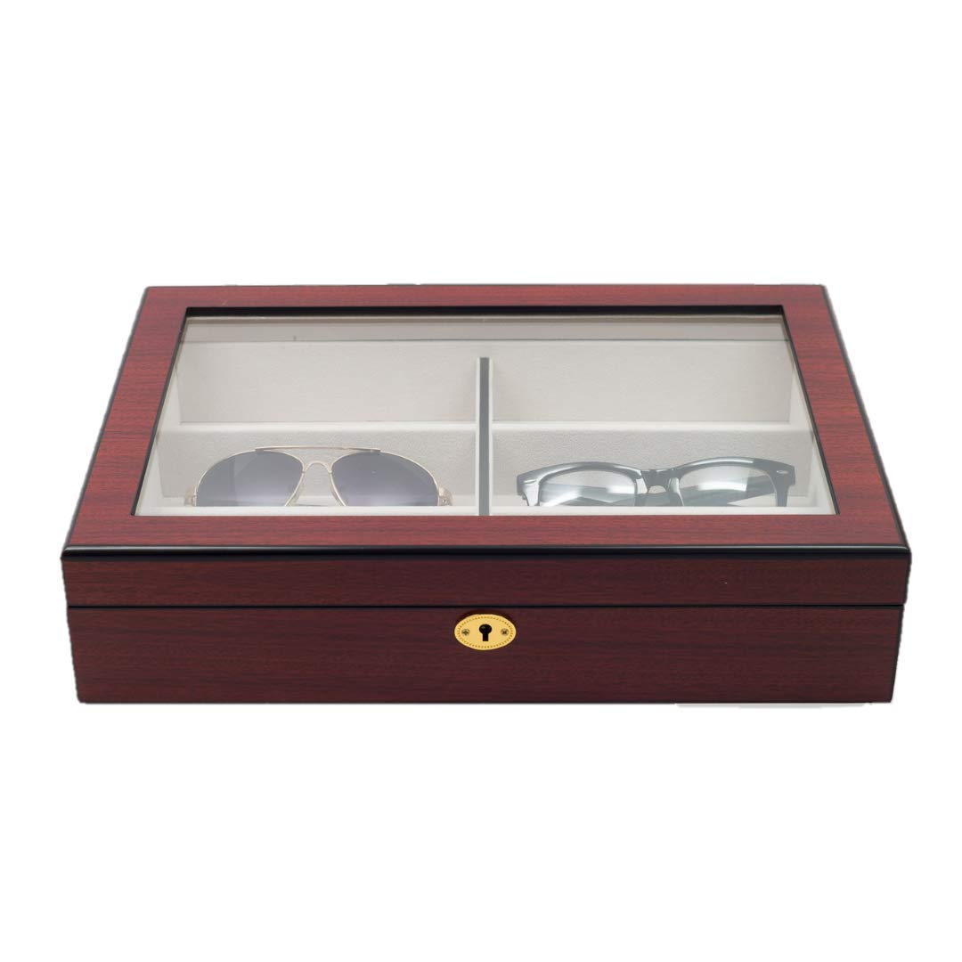 TIMELYBUYS 12 Piece Large Cherry Wood Eyeglass Sunglass Two Level Glasses Display Case with Drawer Storage Box