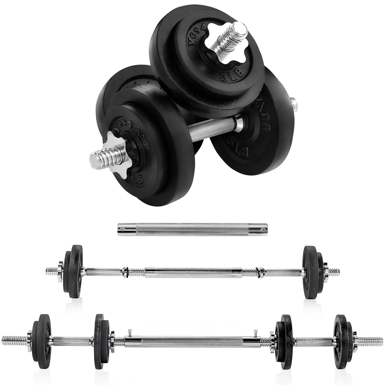 Yes4All Adjustable Dumbbells with Dumbbell Bar Connector β 50 lb Dumbbell Weights (25 lb x 2), C2. Black - 50lb (25lb x 2) + Connector
