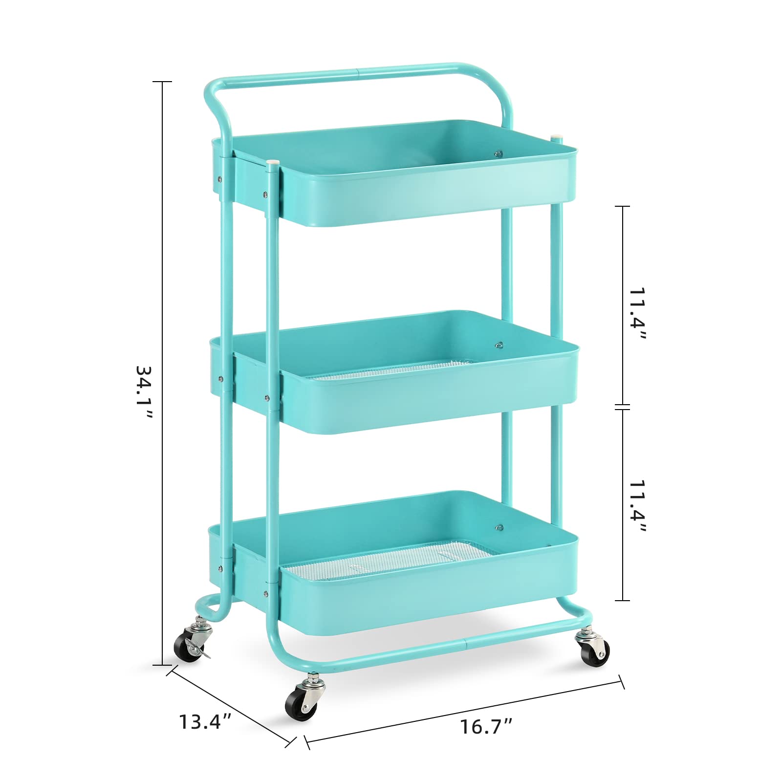 TOOLF 3 Tier Metal Rolling Cart, Utility Cart with Handle, Multifunction Storage Cart with Lockable Wheels, Serving Organizer Trolley with Mesh Basket for Kitchen, Bathroom, Office Turquoise