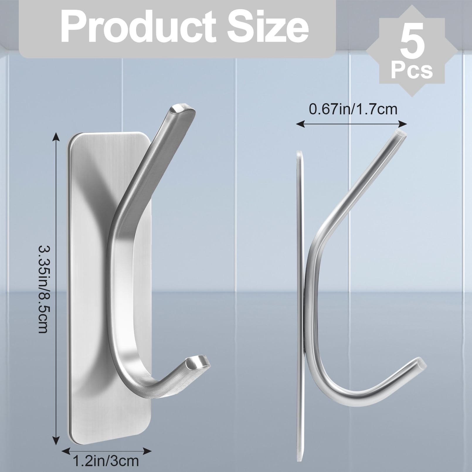 Tivcck Adhesive Towel Hook,5 Pack Adhesive Wall Hooks,Stick on Wall Hooks for Hanging Robe Coat,Metal Adhesive Hooks Heavy Duty,Stainless Steel Bath Towel Hooks for Bathrooms Kitchen,Silver