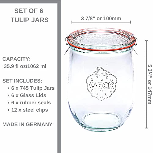 Weck 745 Tulip Jar - 1 Liter, Set of 6 Clear