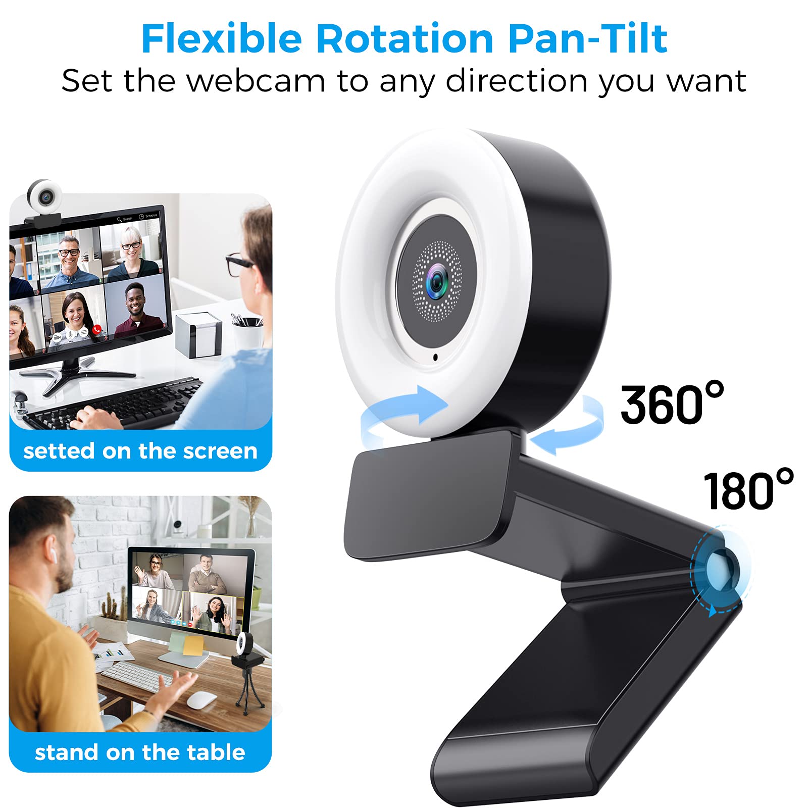 VUPUMER Webcam with Microphone 2K FHD Plug and Play USB Web Camera with Ring Light 3-Level Adjustable Brightness Webcam Gaming Camera for PC Mac Laptop Desktop, Zoom Skype Facetime Video Conference