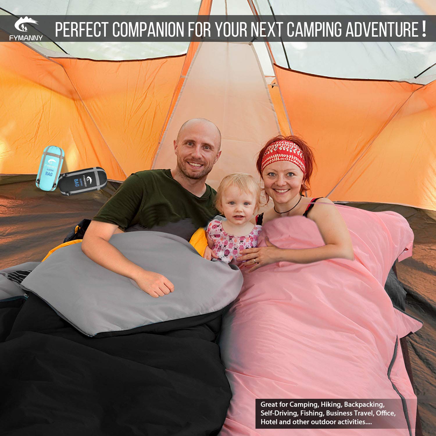 Warm Weather Sleeping Bag, FYMANNY Portable Waterproof Compact Lightweight Comfort with Compression Sack for Camping Backpacking Hiking, 83 L x 30" W Fits Adults(Black)