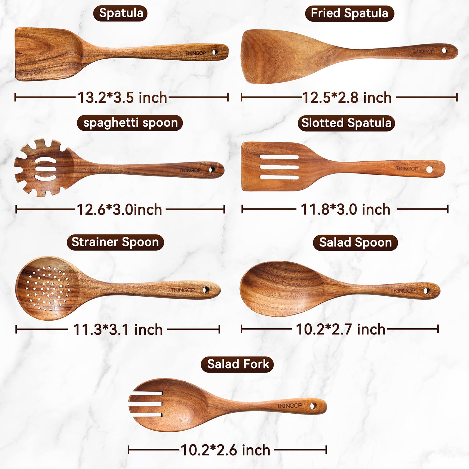 TKINGOP 9PCS Wooden Spoons for Cooking Handmade Natural Teak Wooden Utensils for Cooking with Holder & Spoon Rest Comfortable Grip Kitchen Utensils Set