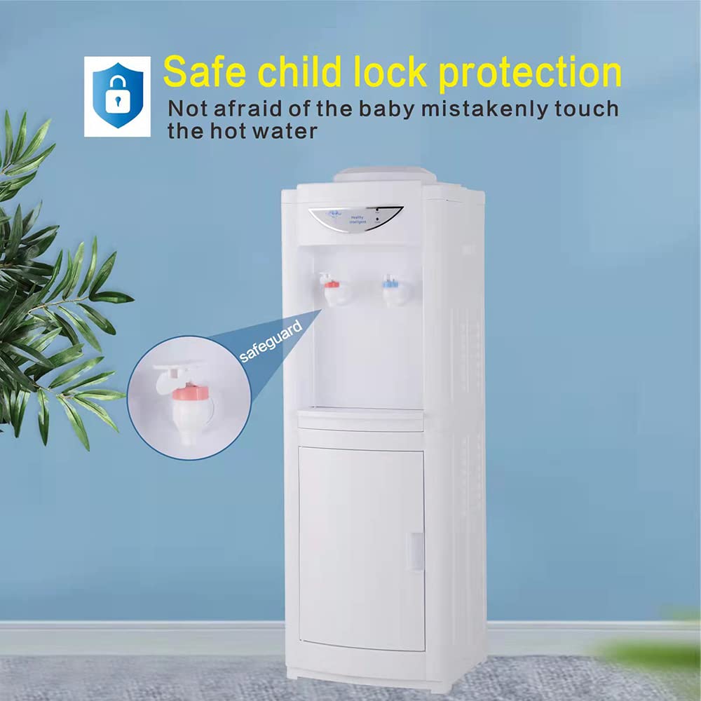 Water Cooler Dispenser 5 Gallon, Cold & Hot Water Cooler Dispenser Top-Loading Water Cooler 5 Gallon Children Safety Water Dispenser with Removable Drip Tray & Storage Cabinet for Home Office (White)