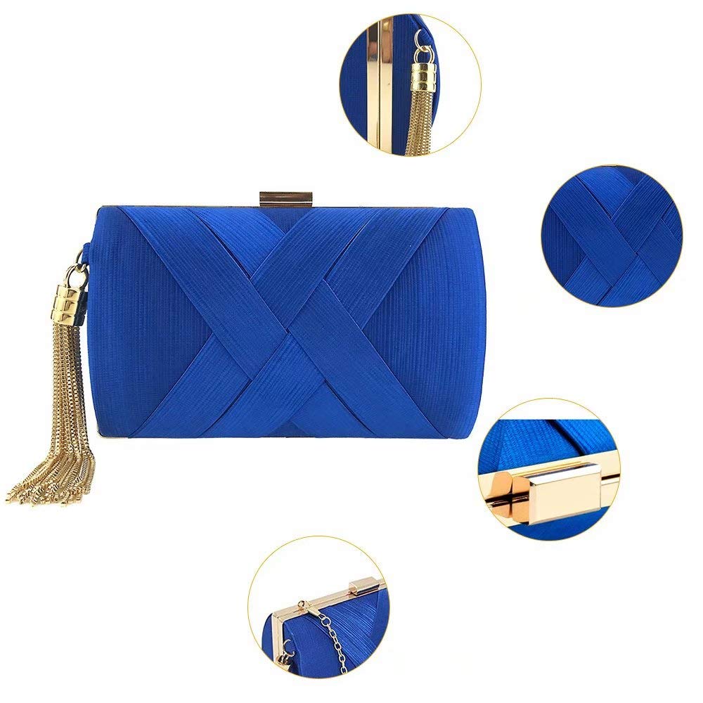 Women's Elegant Tassel Pendant Silk Evening Bag Satin Clutch Purse Handbags for Bride Wedding Party Royal Blue