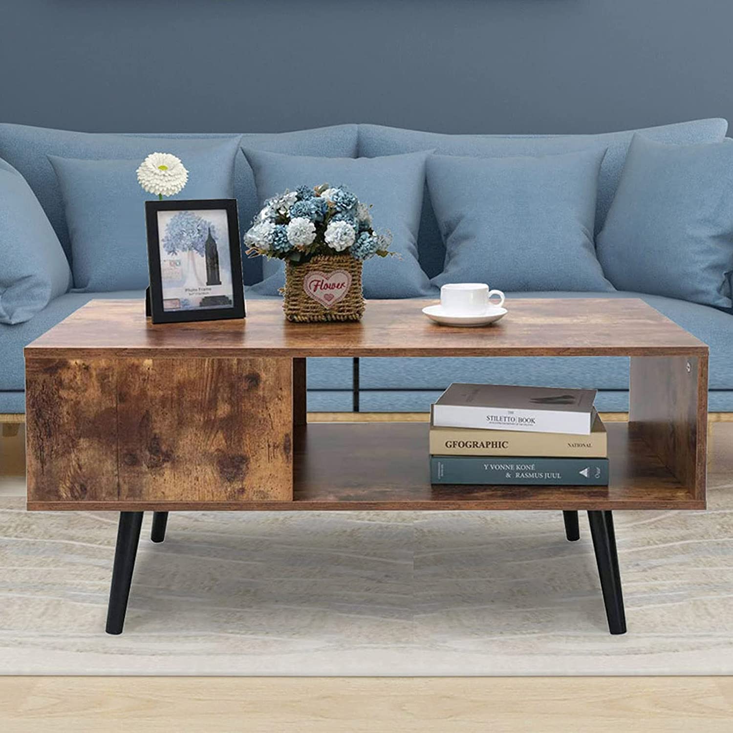 usikey Wooden Coffee Table, Mid-Century Coffee Table with Storage Open Shelf, Accent Cocktail Table for Living Room, Reception, Rustic Brown