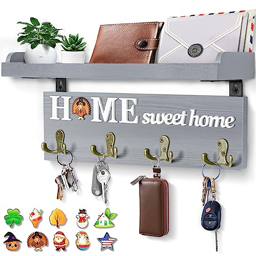 Toosci Key and Mail Holder for Wall, Mail Organizer and Key Holder with Tray, Wall Key Rack with 4 Dual Key Holder, Solid Wood Key Holder for Country Home Decor, for Entryway and Offices (Gray)