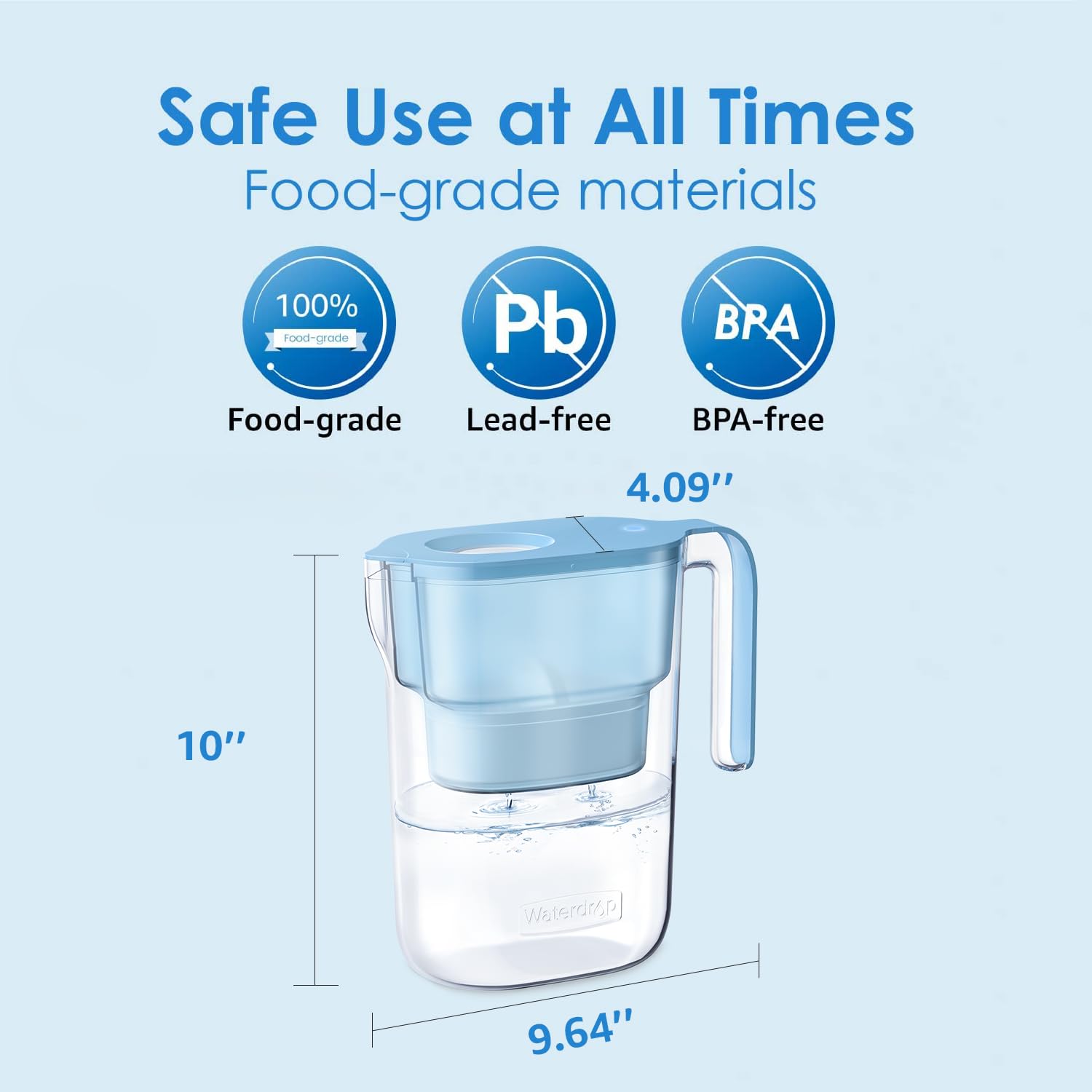 Waterdrop 200-Gallon Long-Life Elfin 7-Cup Water Filter Pitcher with 3 Replacement Filter, NSF Certified, Reduces Chlorine, BPA Free, Blue, 3Pack