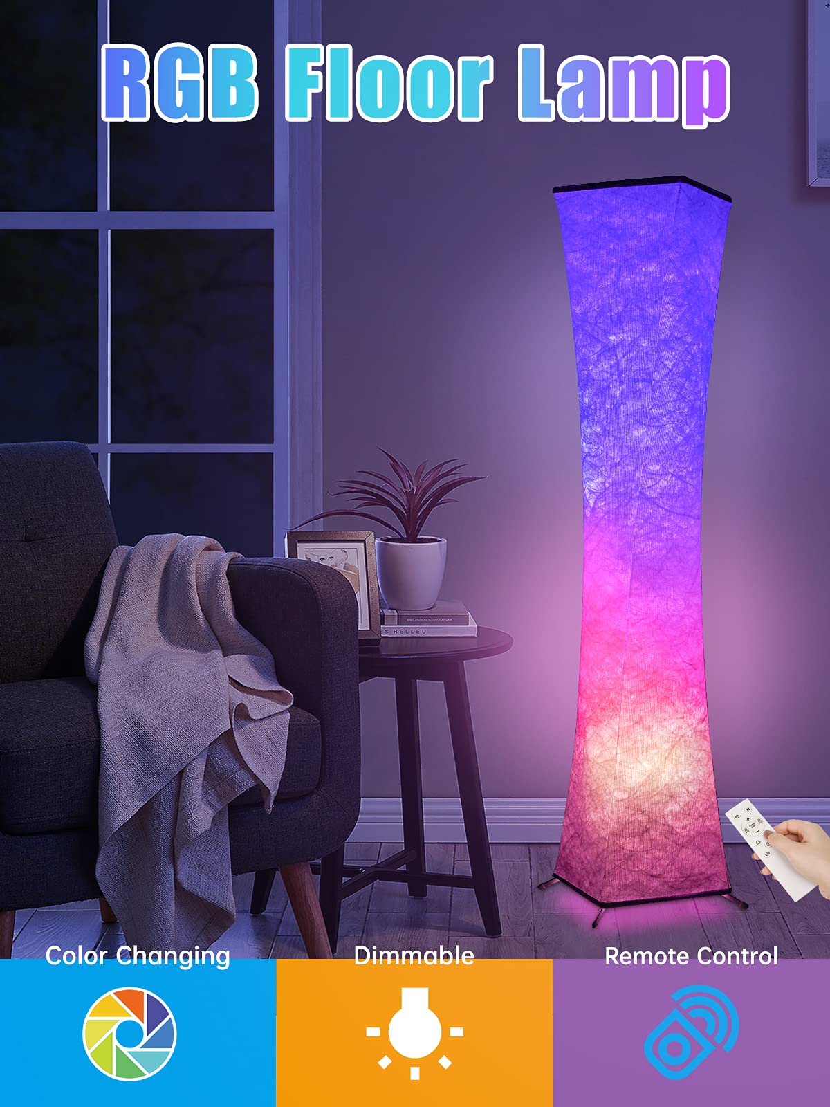 UVII RGB Floor Lamp with Remote, 62" Color Changing LED Lamp Remote Control, Dimmable Standing Lamp for Living Room, Bedroom, Gaming Room, Modern Soft Light