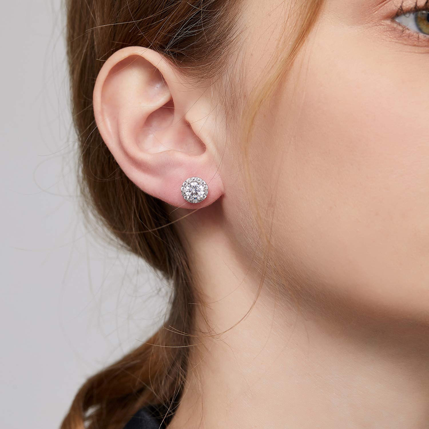 ZowBinBin Sterling Silver Round Cut Cubic Zirconia Stud Earrings, Halo Stud Earrings for Christmas Day, Valentine's Day, Anniversary, Birthday and Wedding/Engagement White