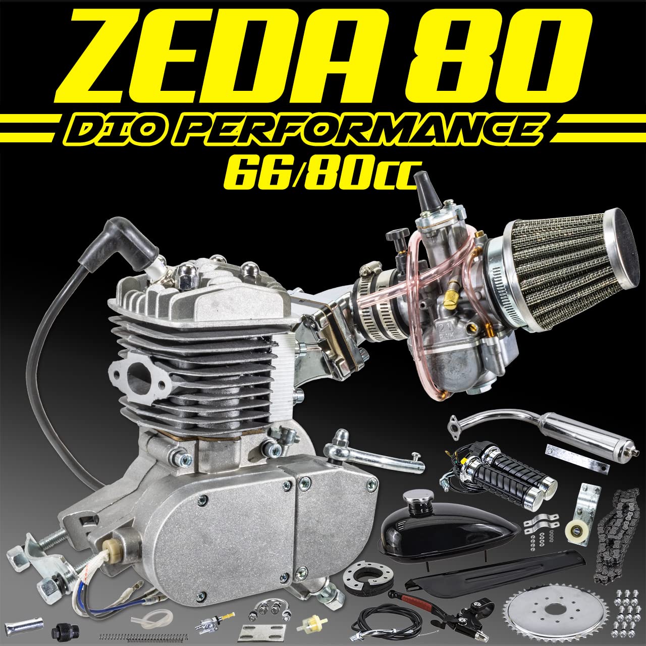 Zeda 80 Performance Bicycle Engine Kit with Dio Reed Valve & OKO Carb - Silver - Motorized Bike (36 Tooth)
