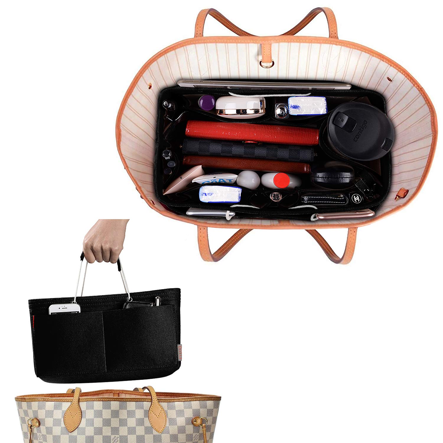 ZTUJO Purse Organizer, Multi-Pocket Felt Handbag Organizer, Purse Organizer Insert with Handles, Medium, Large, X-Large (Medium, Beige)