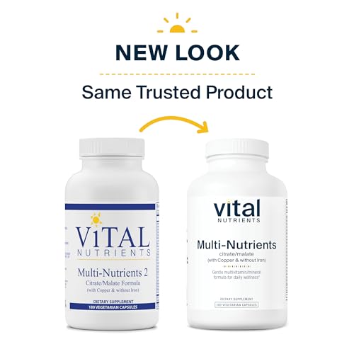 Vital Nutrients - Multi-Nutrients 2 - Citrate/Malate Formula (with Copper and without Iron) - Multi-Vitamin/Mineral, Potent Antioxidants, Gentle Bioavailable Form - 180 Vegetarian Capsules per Bottle