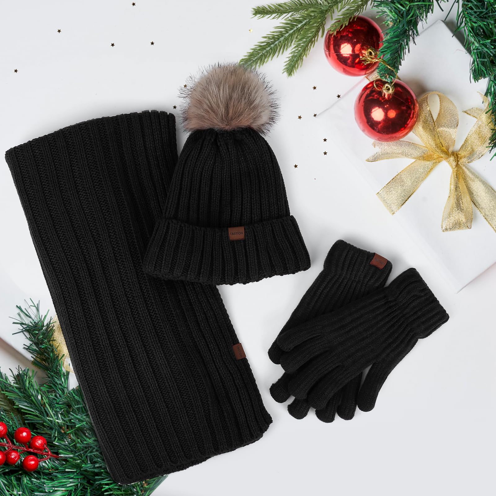 Winter Beanie Hat Scarf Gloves Set for Women, Womens Beanie Hat with Detachable Pom Pom Scarf Neck Warmer Touchscreen Gloves 3 in 1 Set（Black）