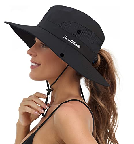 Sun Hats for Women Beach Hat Womens Sun Hat Ponytail Hat Sun Hat with Ponytail Hole for Women Black