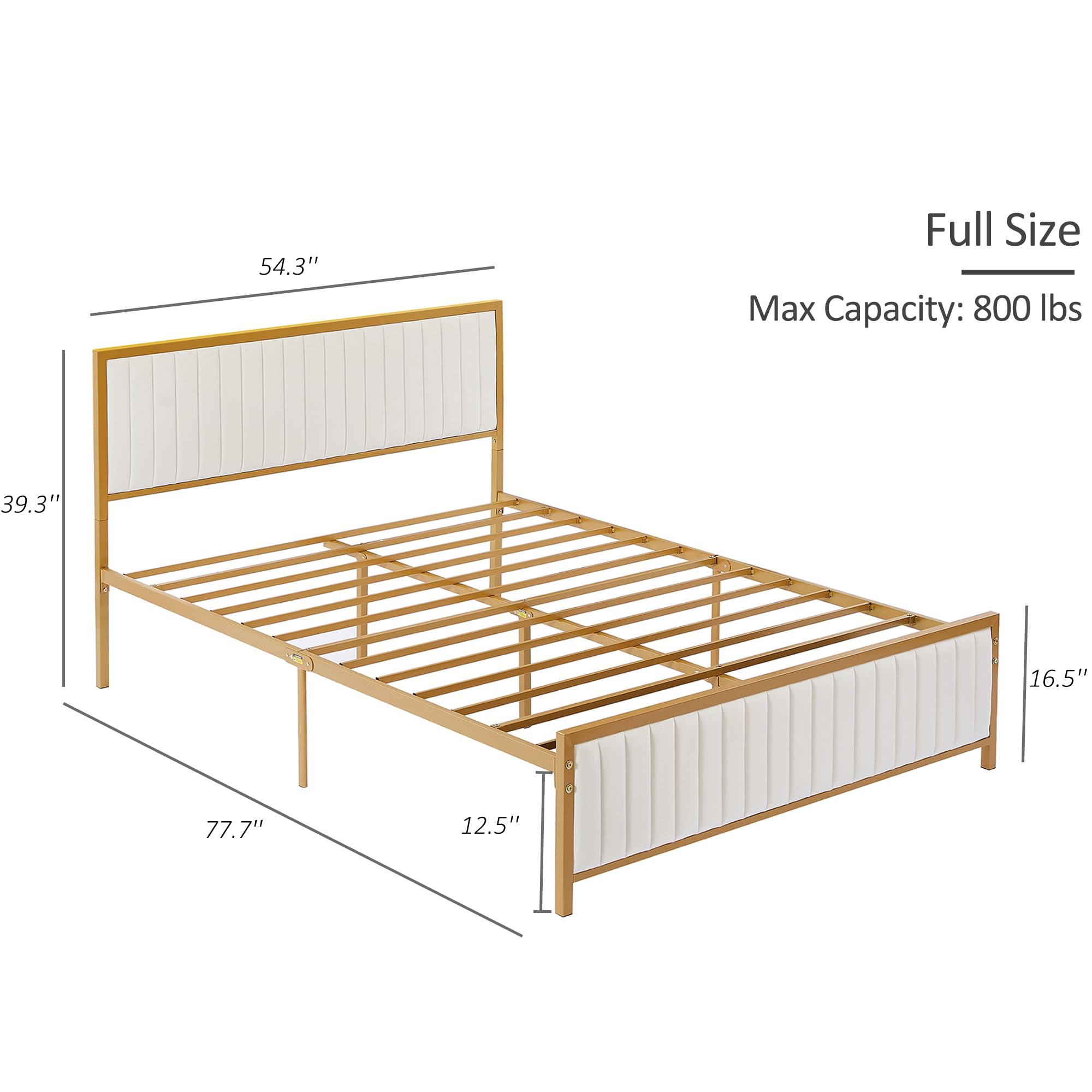 VECELO Full Size Bed Frame with Upholstered Tufted Headboard & Footboard, Heavy Duty Steel Slats Platform, No Box Spring Needed, Gold