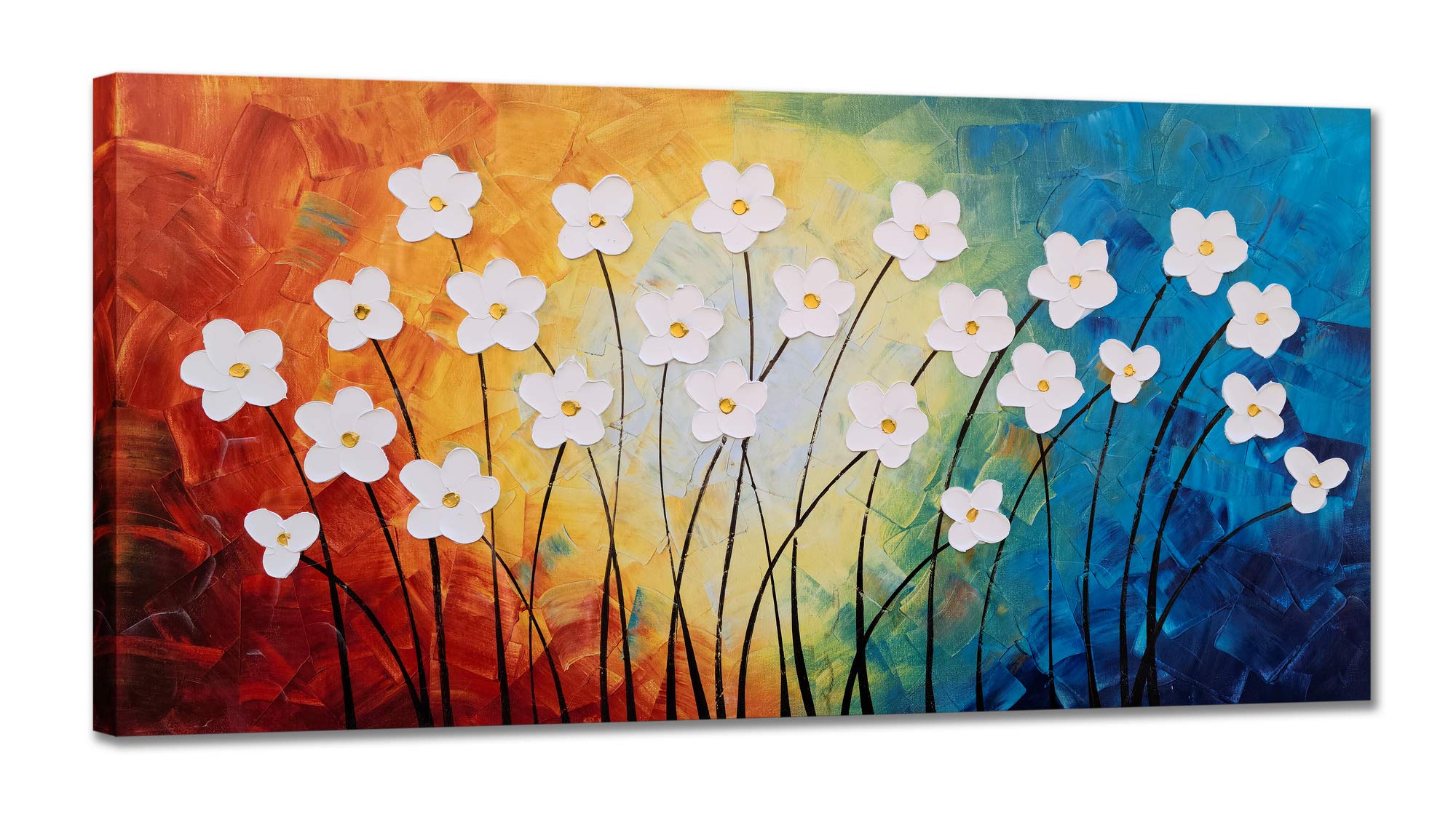 Yihui Arts Flower Pictures Wall Decor Hand Painted 3D Light Blue Yellow Red and White Canvas Oil Paintings Modern Big Horizontal Artwork for Living Room Bedroom Nursery Decoration