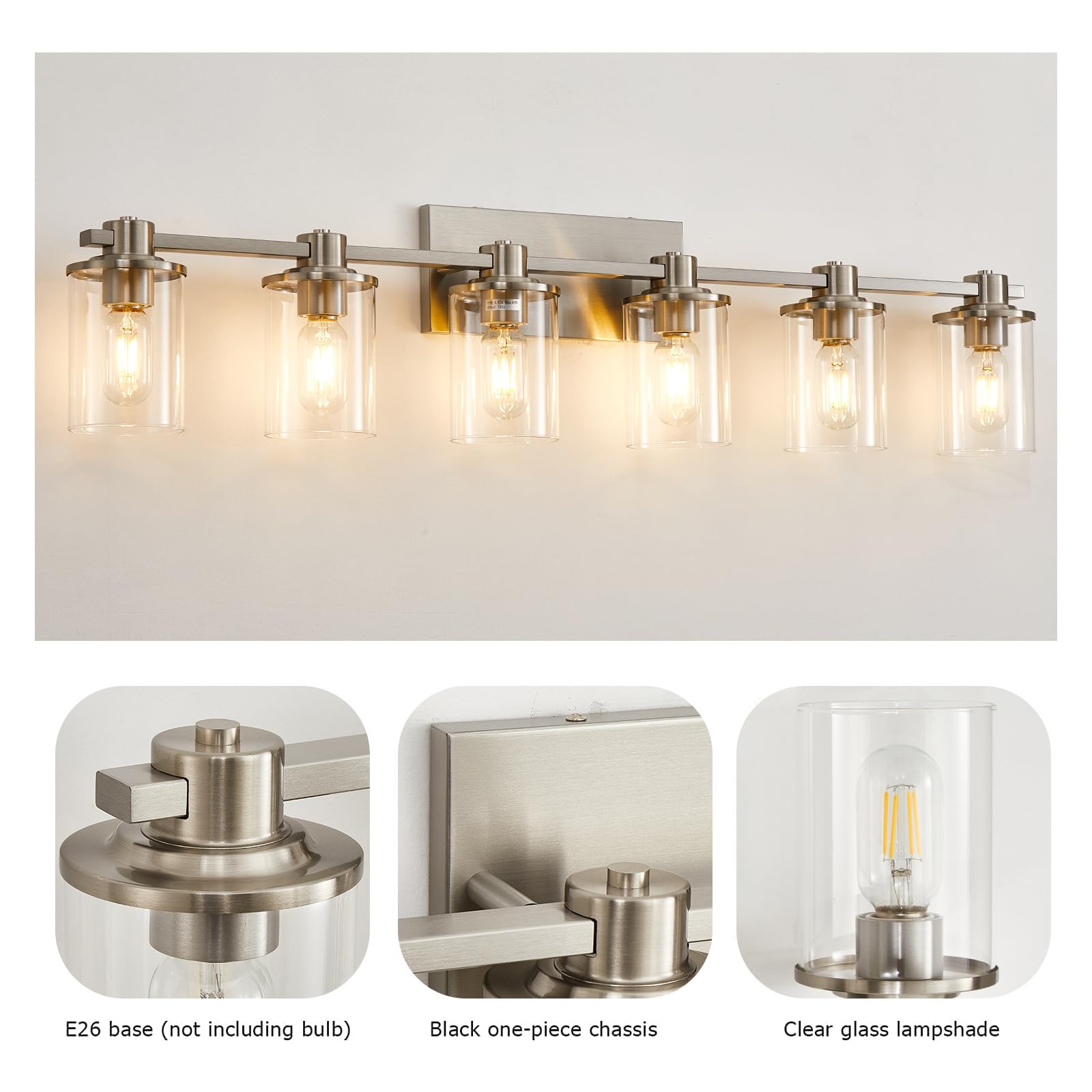 XGFOURSEVEN Brushed Nickel Bathroom Vanity Light, 6-Light Bathroom Light Fixtures with Clear Glass Shade, Nickel Wall Sconce for Bathroom Lighting (Brushed Nickel, 6 Light)