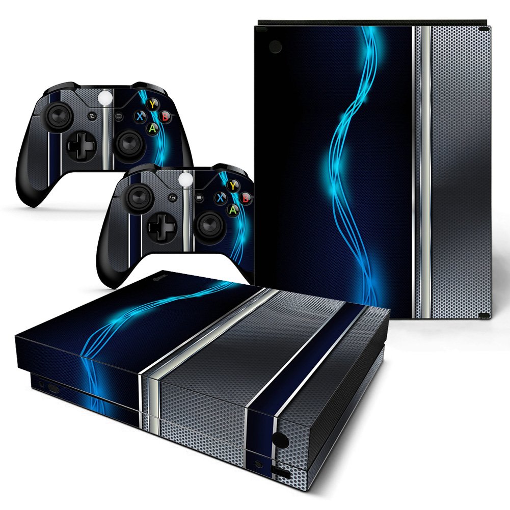 ZOOMHITSKINS Compatible for Xbox One X Skin, Xbox One X Controller Skin and Console Skin, Blue Neon Silver Metal Space Odyssey Star Sky Art, Durable & Fit, 3M Vinyl, Easy to Install, Precise Cut-Outs