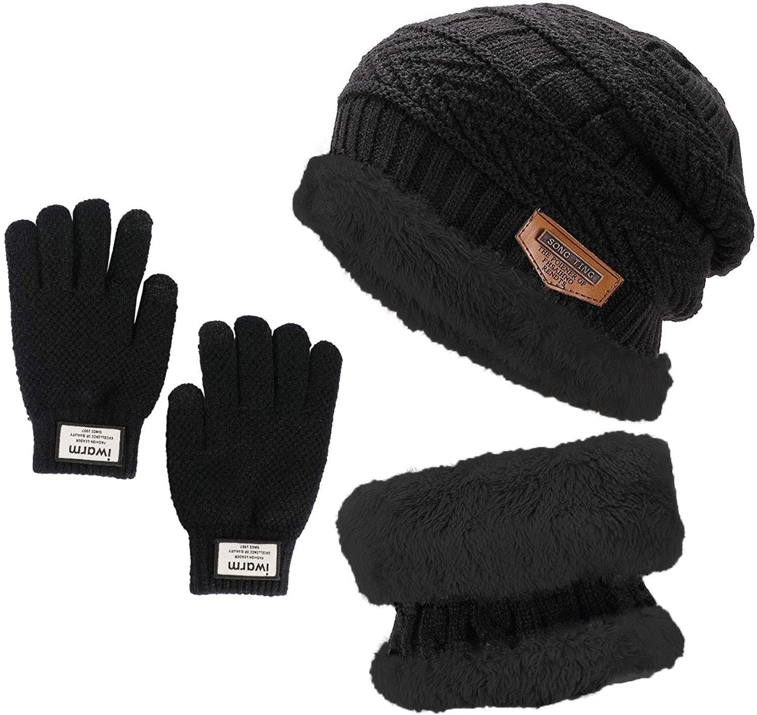 Winter Hat Scarf and Gloves Set, Winter Warm Knit Beanie Hat, Soft Comfortable Fleece Lined Winter Hat & Scarf for Men Women