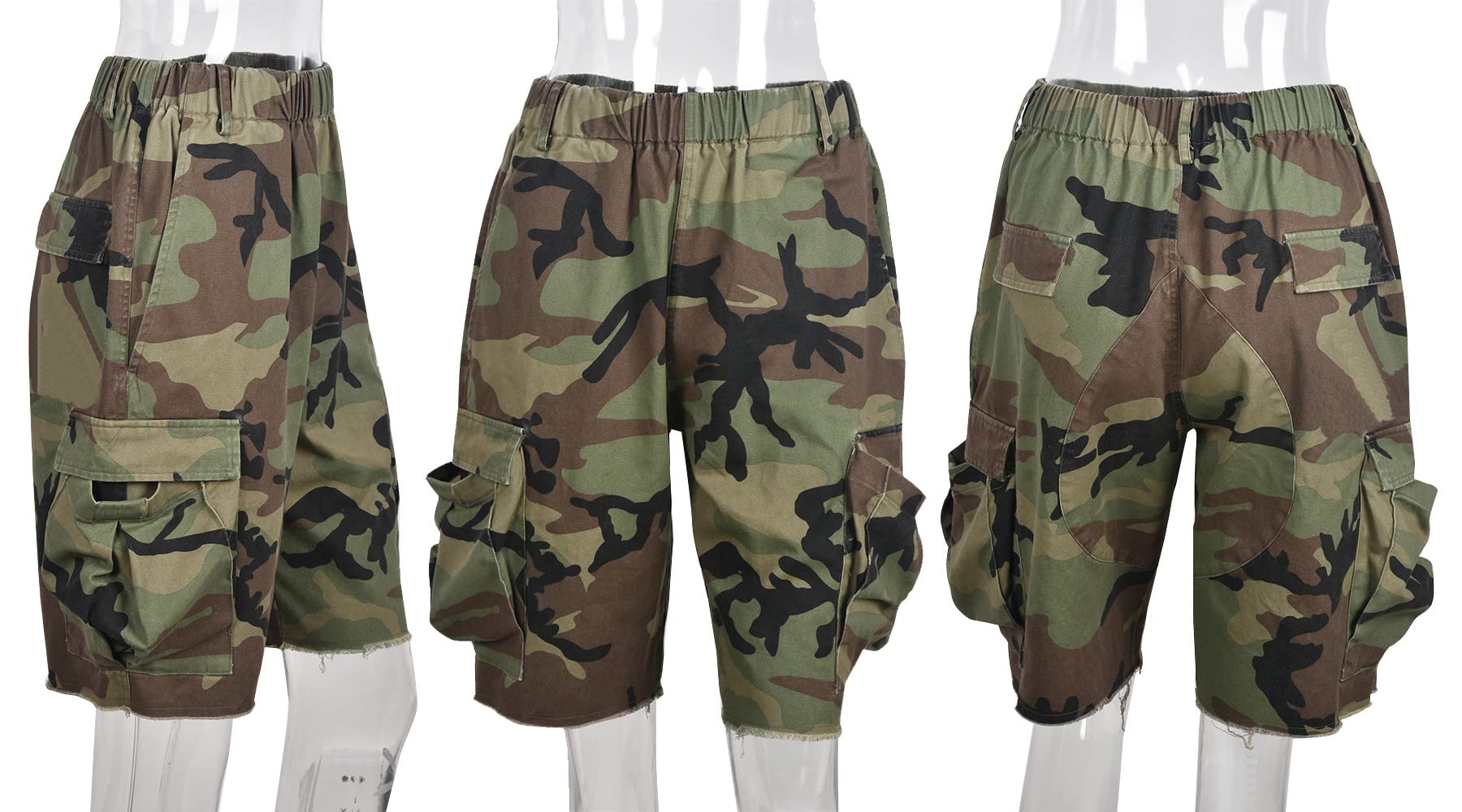 Vakkest Womens Camouflage Cargo Shorts Jogger Multi-Pocket Army Fatigue BF Plus Size Drawstring Cargo Short Pants