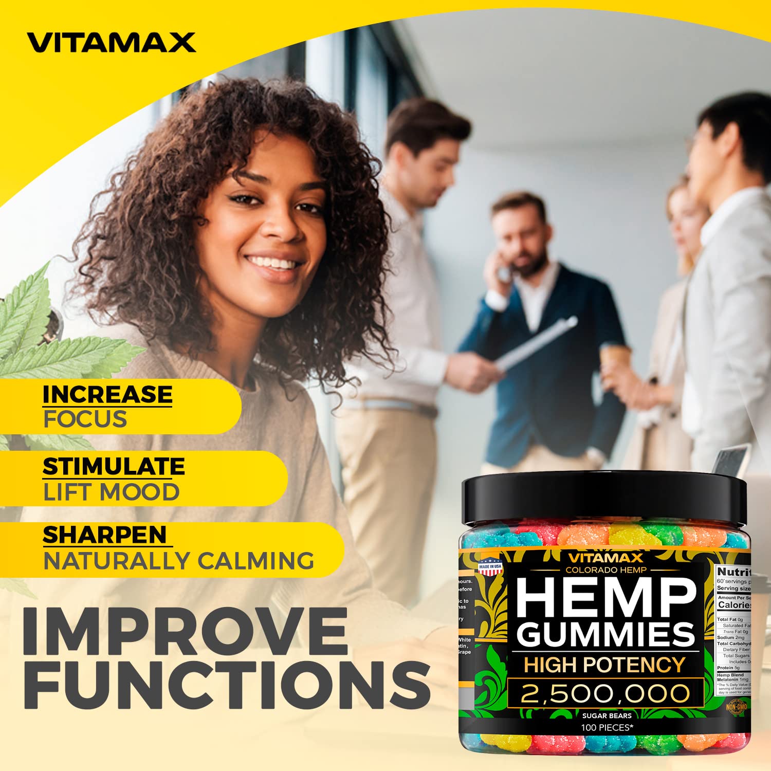 Vitamax Natural Hemp Gummies - Sugar Bears - Helps Support Rest & Relaxation - Assorted Natural Sweet Fruit Flavors - Made in USA - Calming Gummies - 100ct