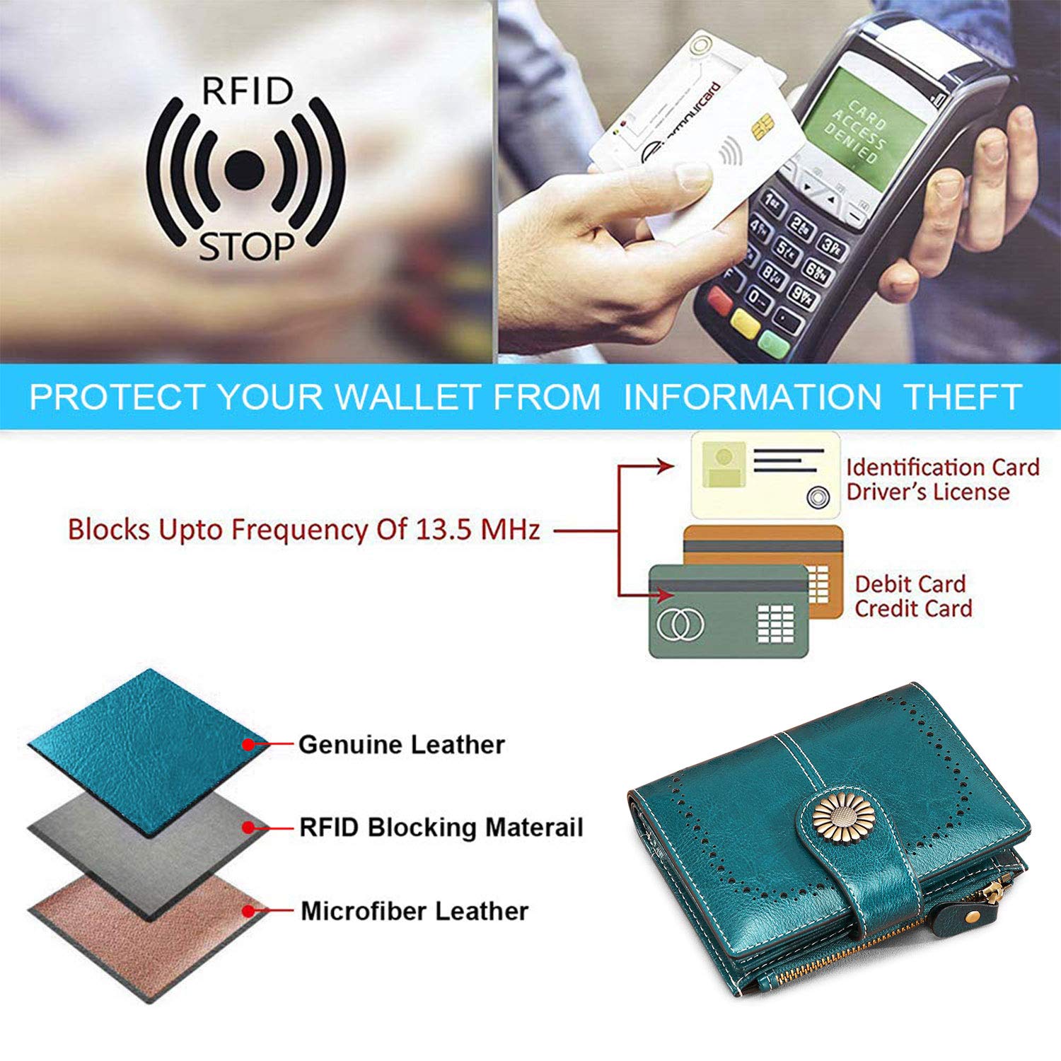 Womens Small Wallet Lady Purse Bifold RFID Blocking Leather Short Zipper Wallet Vintage Card Holder Organizer Safe Coin Purse (Blue)