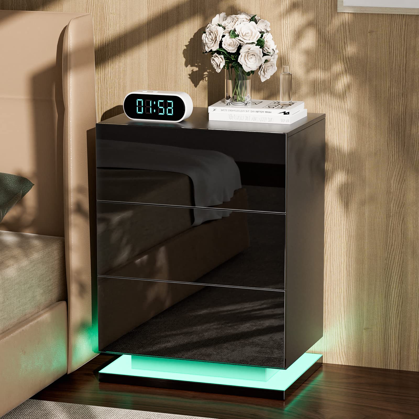 YILQQPER Nightstand Set of 2 with LED, End Tables with 3 Drawers and I Flapping Top Box, Night stand for Bedroom, Living Room, Modern Tall Bedside Table with High Gloss Panel (Gloosy White)
