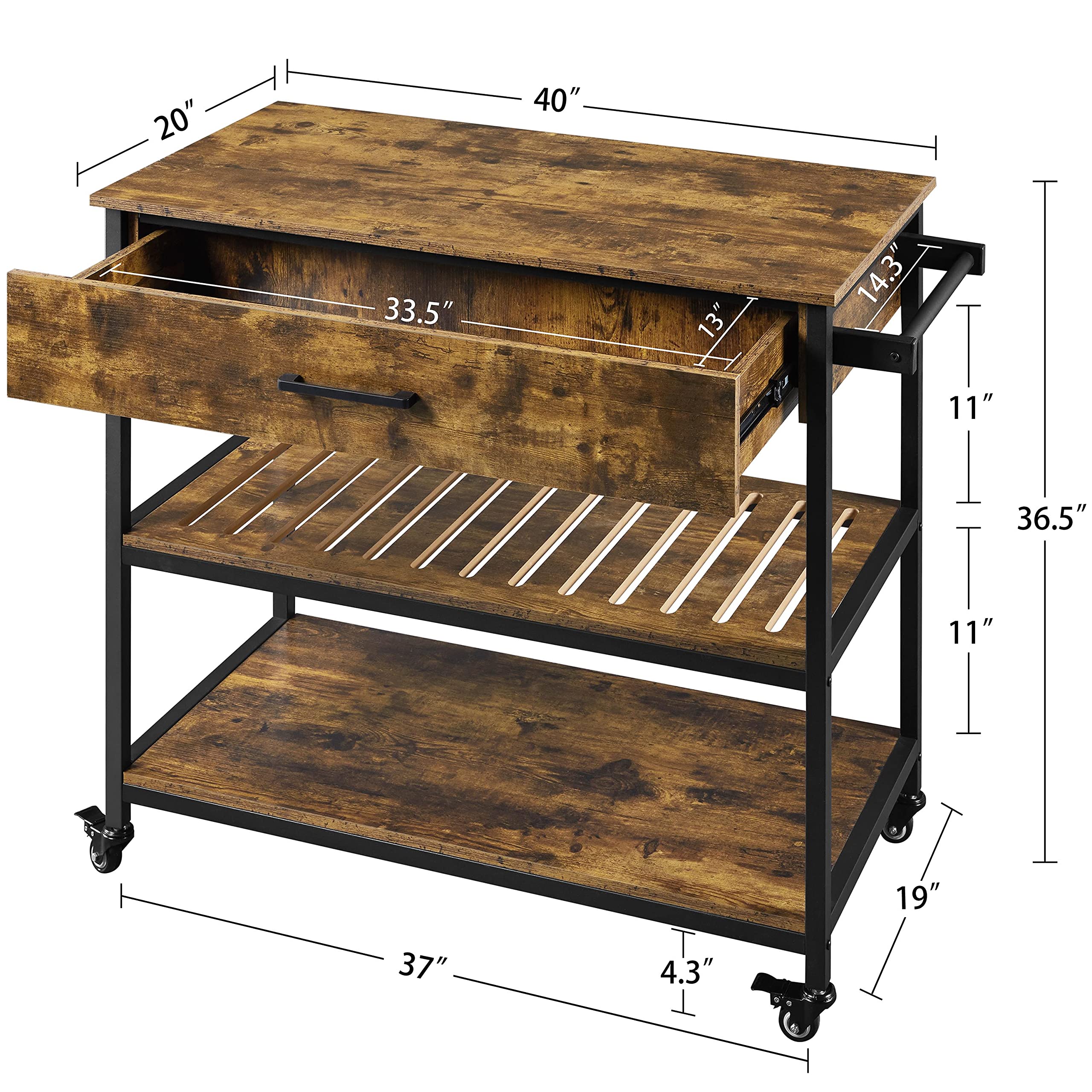 Topeakmart 40 Inch Mobile Kitchen Island Cart on Wheels for Home Kitchen, 40 Inch Rolling Utility Trolley Cart with Drawer and Storage Shelf, 3-Tier Large Kitchen Work Table Dining Cart, Rustic Brown