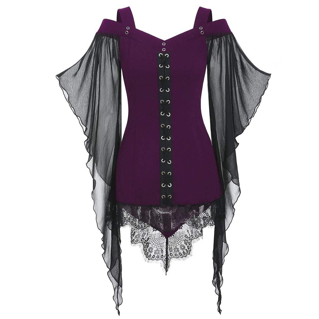 Women Gothic Criss Cross Lace Insert Butterfly Sleeve T-Shirt Plus Size Tops Purple