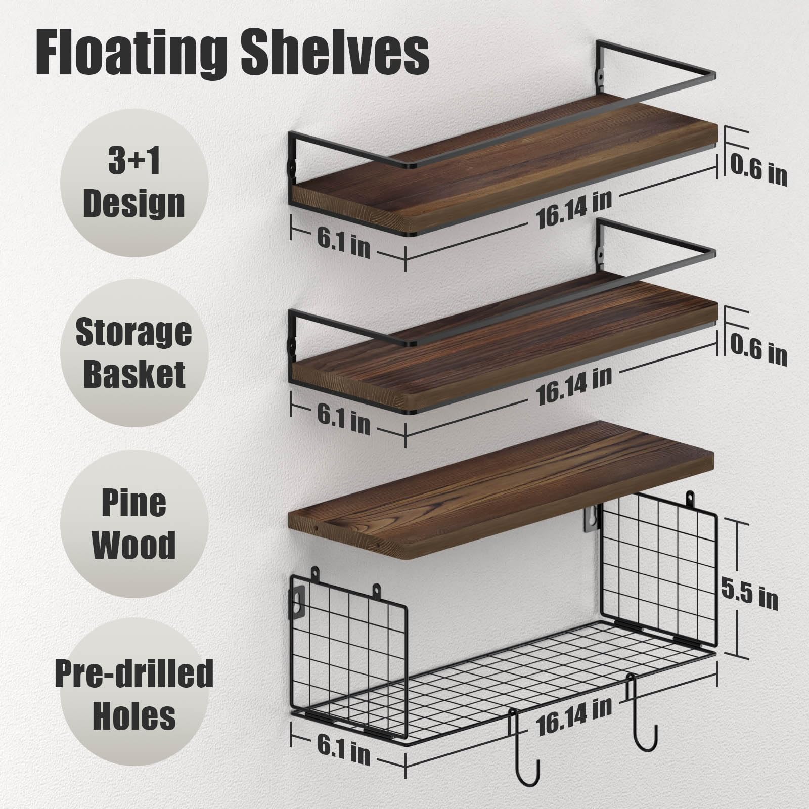 WOCOPIA 3+3 Wall Mounted Bathroom Shelf Over Toilet with Toilet Paper Storage Basket & Hooks, Bathroom Organizers and Storage, Hanging Corner Shelf Floating Shelves for Bathroom Wall Room Decor Brown
