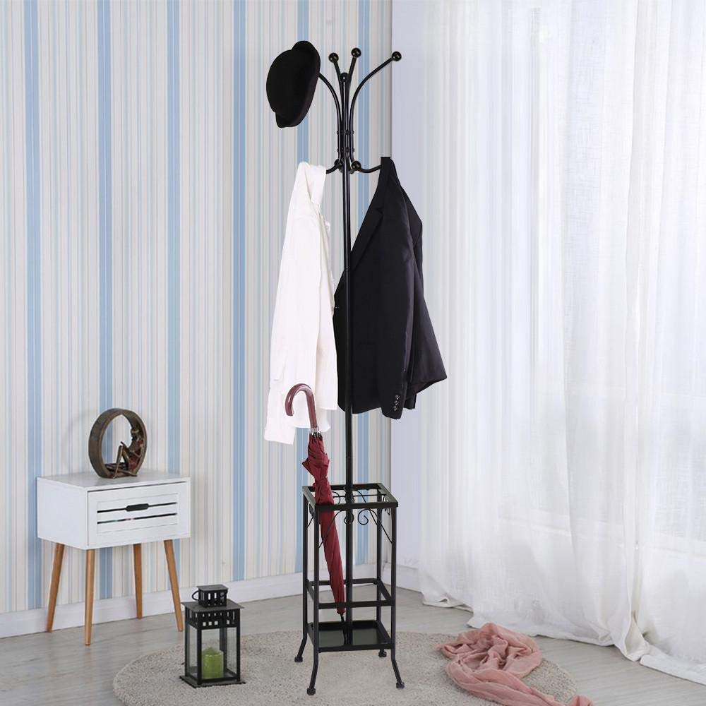 Topeakmart Free-standing Coat Hanger/Holder w/ 8 Hooks and Stand/Base Entryway Clothes Hall Tree Hat Hanger Umbrella Holder for Home/Office,Metal, Black