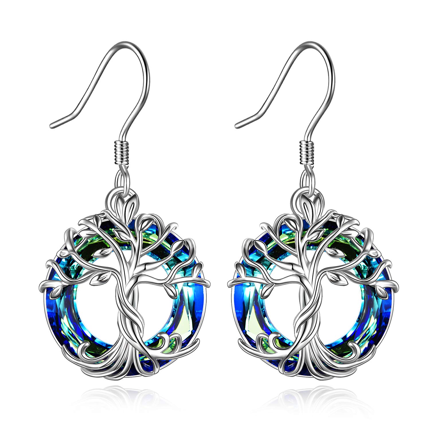 TOUPOP Earrings for Women Sterling Silver Tree of Life Dangel Drop Hooks Earrings with Blue Circle Crystal Christmas Birthday Valentiens Mothers Day Jewelry Gifts for Women Mom Her