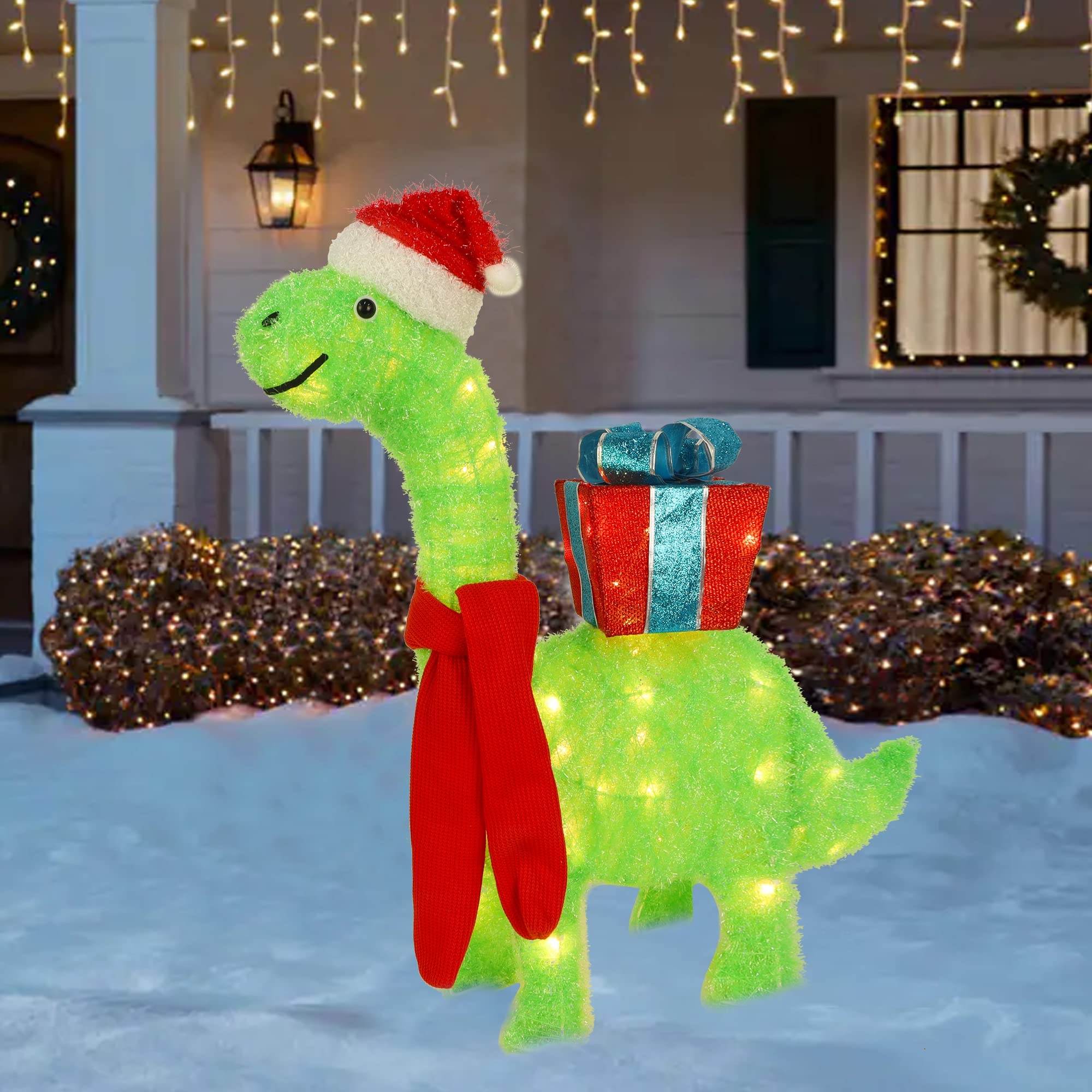 WATERGLIDE Lighted Christmas Green Dinosaur with Gift Box Decorations, 27 Inch Pre-Lit Light Up 3D Brachiosaurus Xmas Outdoor Yard Decor with Lights, for Festive Xmas Holiday Garden Lawn Display