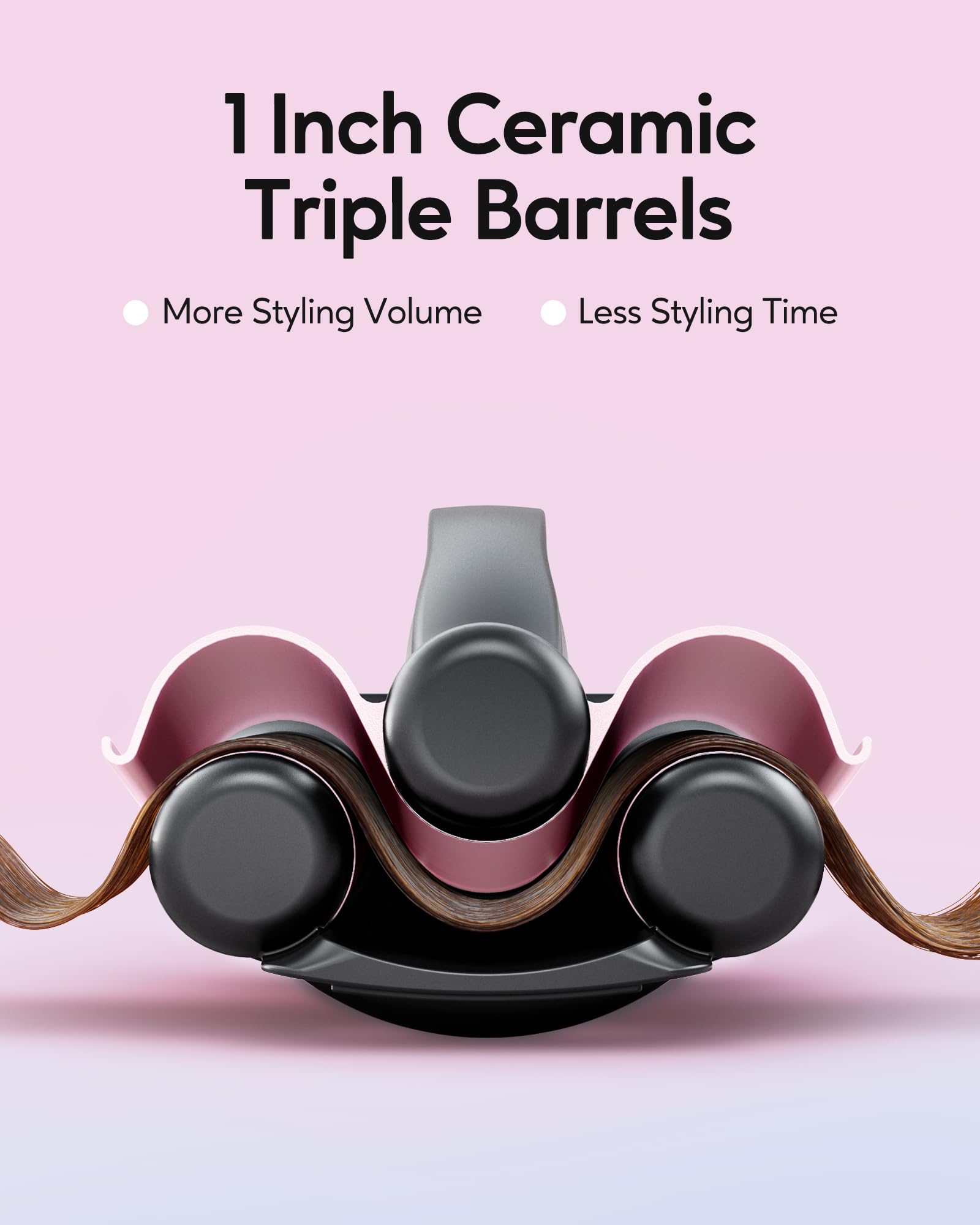 Wavytalk 3 Barrel Curling Iron Wand, Beach Hair Waver with Adjustable Temp, Ceramic Hair Crimper with Glove, Dual Voltage, Rose Pink