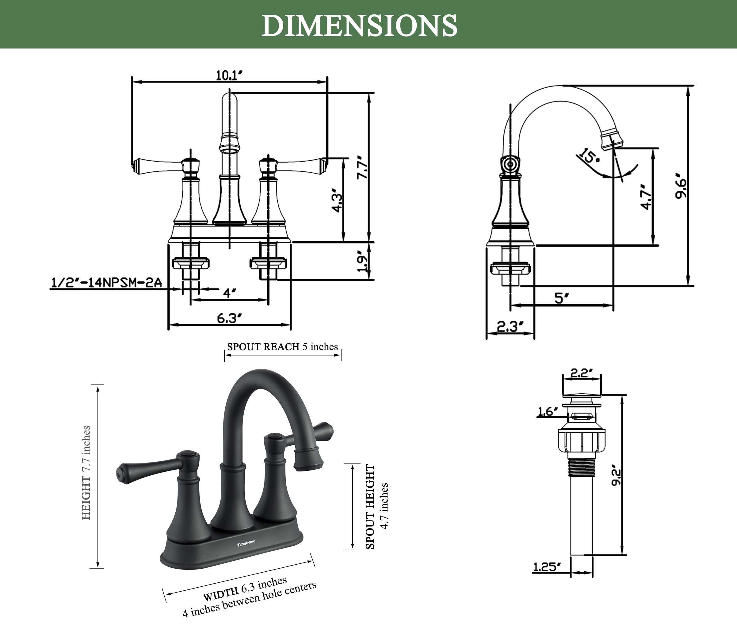 TimeArrow Matte Black 2 Handle Centerset Bathroom Sink Faucet 3 Holes with Drain Assembly, High Arc Modern 4 Inch Bathroom Vanity Lavatory Faucet with Brass 360° Swivel Spout, TAF067Y-MB