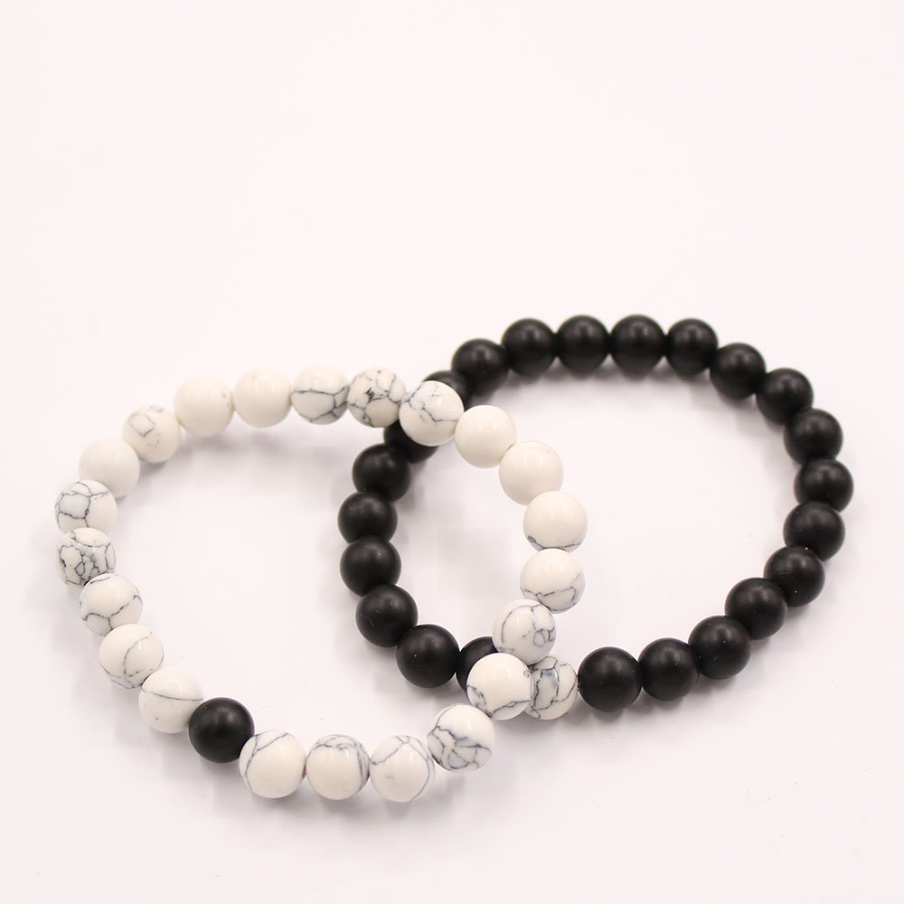 UEUC Distance Couple Bracelet His and Hers Black Matte Agate & White Stone 8mm Beads Bracelet