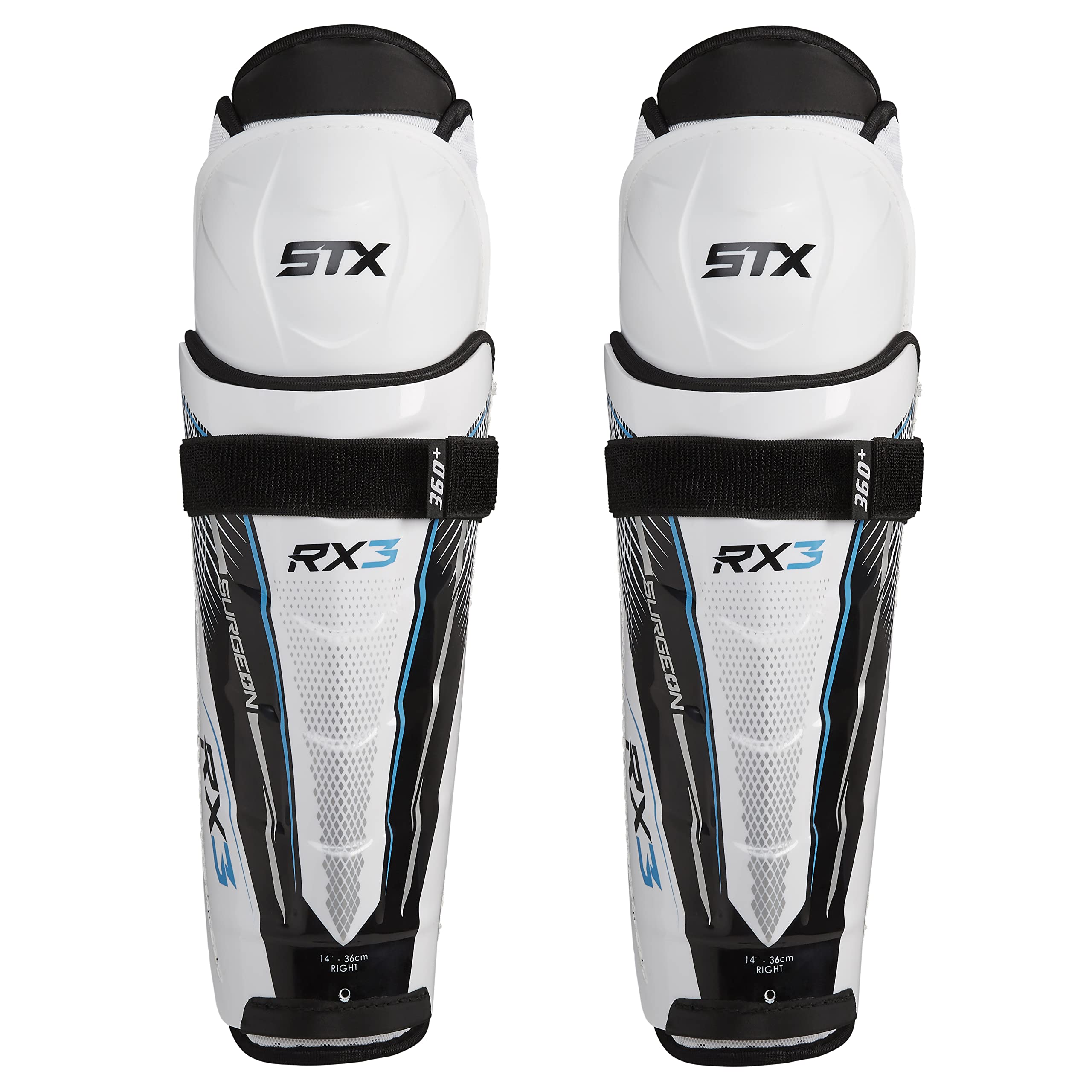 STX HP SG30 SR 16 WE/BE Ice Hockey Surgeon RX3 Shin Guards, 16", White/Blue, 16"