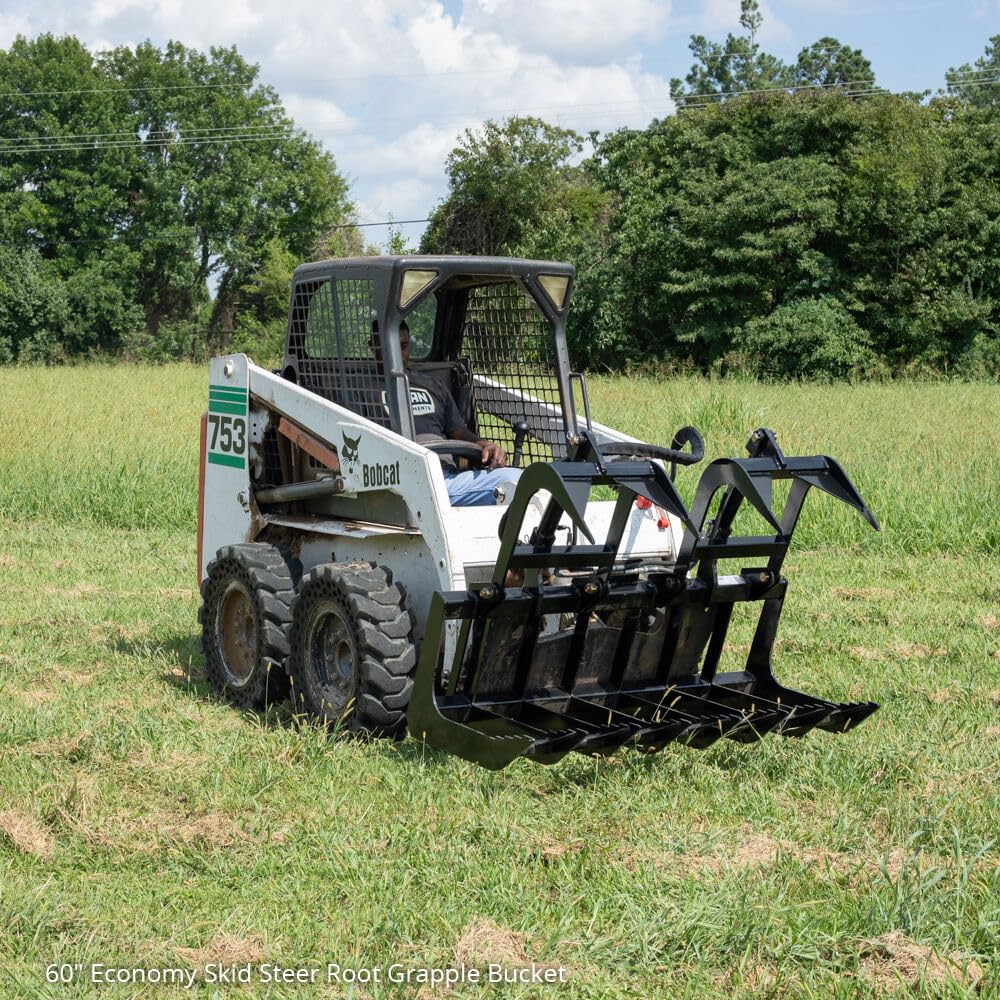 Titan Attachments 72in Economy Skid Steer Root Grapple Bucket Attachment, 3/8in Thick Steel Frame, Quick Tach Mounting System