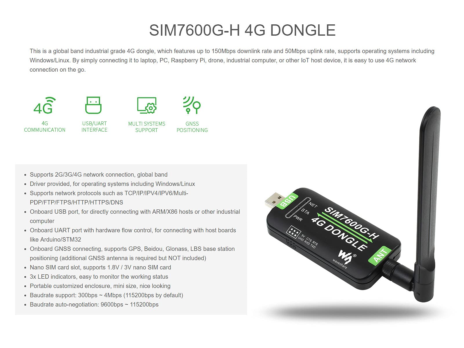 Waveshare SIM7600G-H 4G DONGLE with Antenna with Industrial Grade 4G Communication and GNSS Positioning Peripheral Supports Global Band.