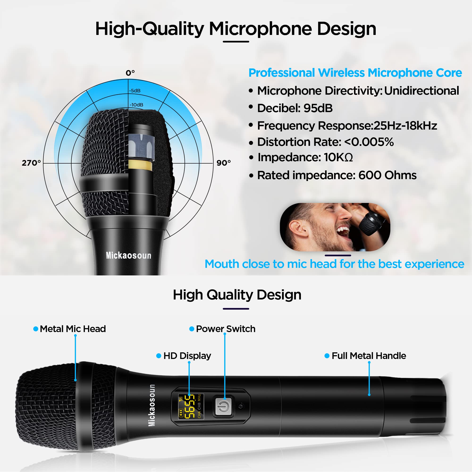 Wireless Microphone, UHF Dual Metal Handheld Cordless Dynamic Karaoke Mic System with 1/4'' Output Rechargeable Receiver, Plugd＆Play, for Karaoke, Party, Singing, Wedding, Church, Speech, DJ(260ft)