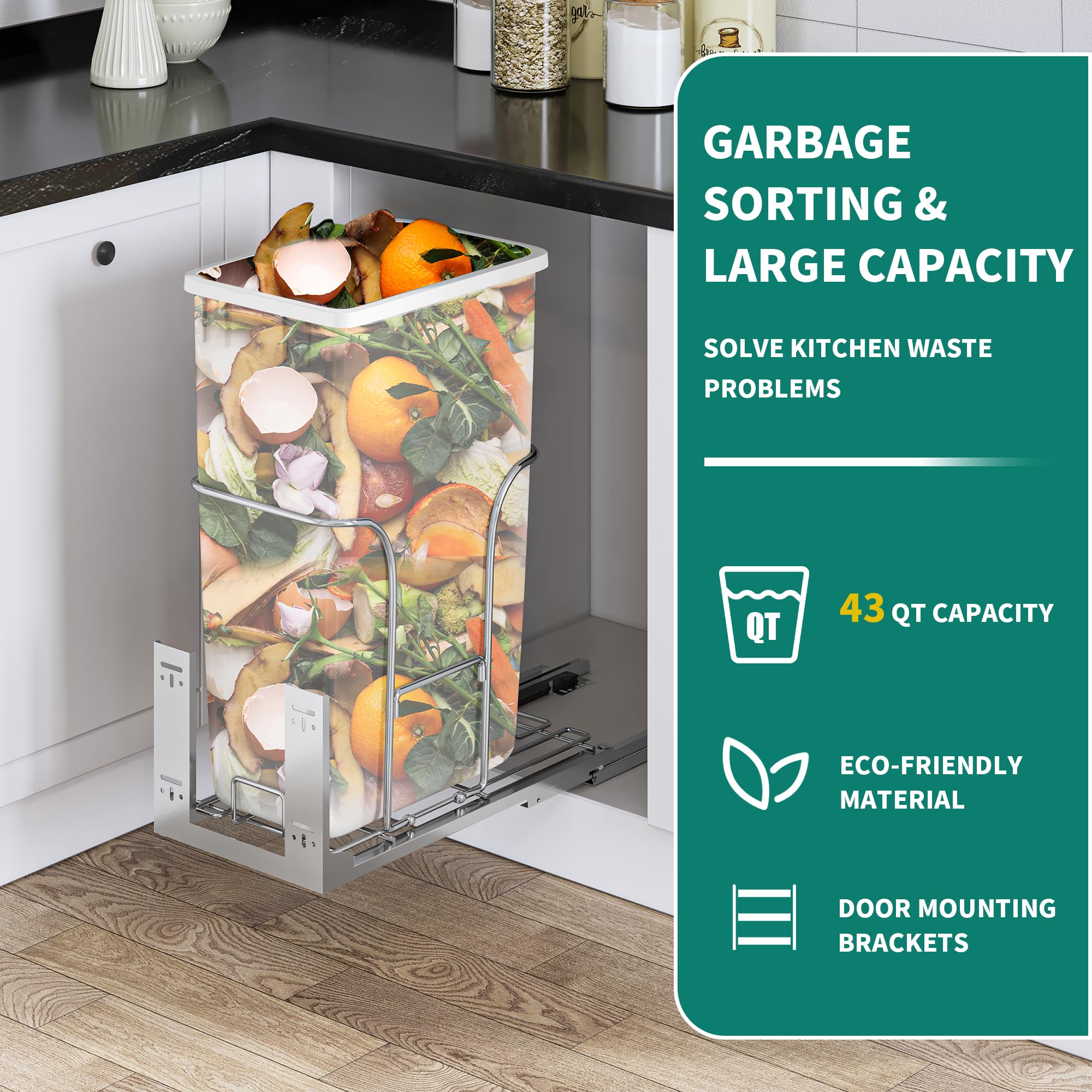 YITAHOME 43 Quart (XL) Pull-Out Trash Can Recycling Bin with Lid for 14.2" W x 22.2" D x 29.5" H Min Cabinets, Sliding Under Mount Kitchen Waste Garbage Container with Soft-Close Slides, White+Black