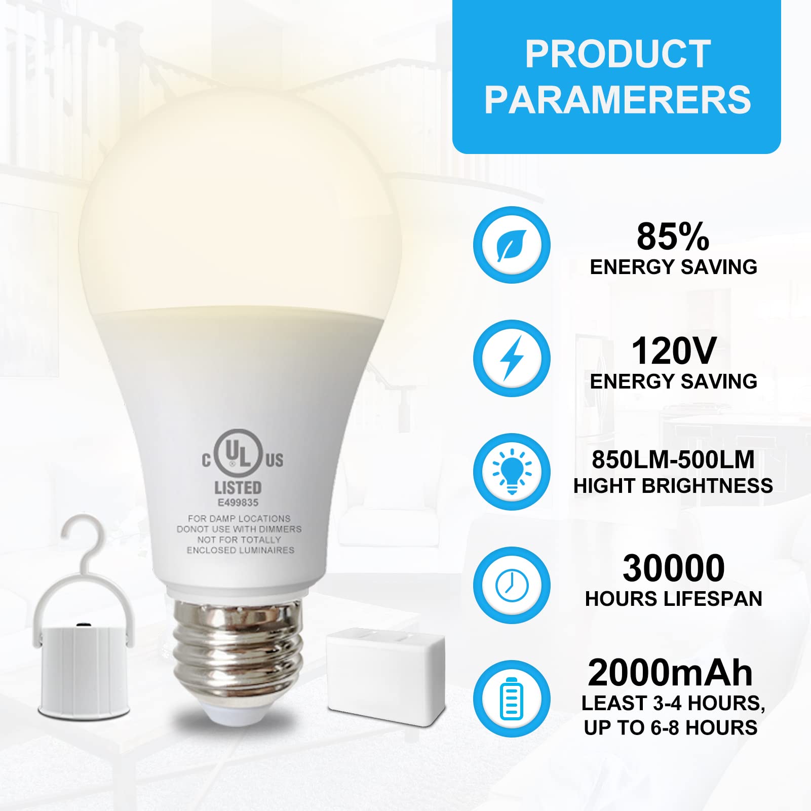 YKDtronics Rechargeable Light Bulbs, Multi-Function Battery Operated Light Bulb for Emergency Power Outage, Camping, 2000mAh Battery Backup 500LM 5W 40W Equivalent 3000K Soft White E26/E27 120V 2Pack